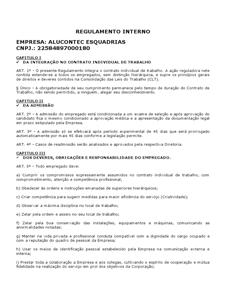 REGULAMENTO INTERNO Modelo | PDF | Férias trabalhistas | Business