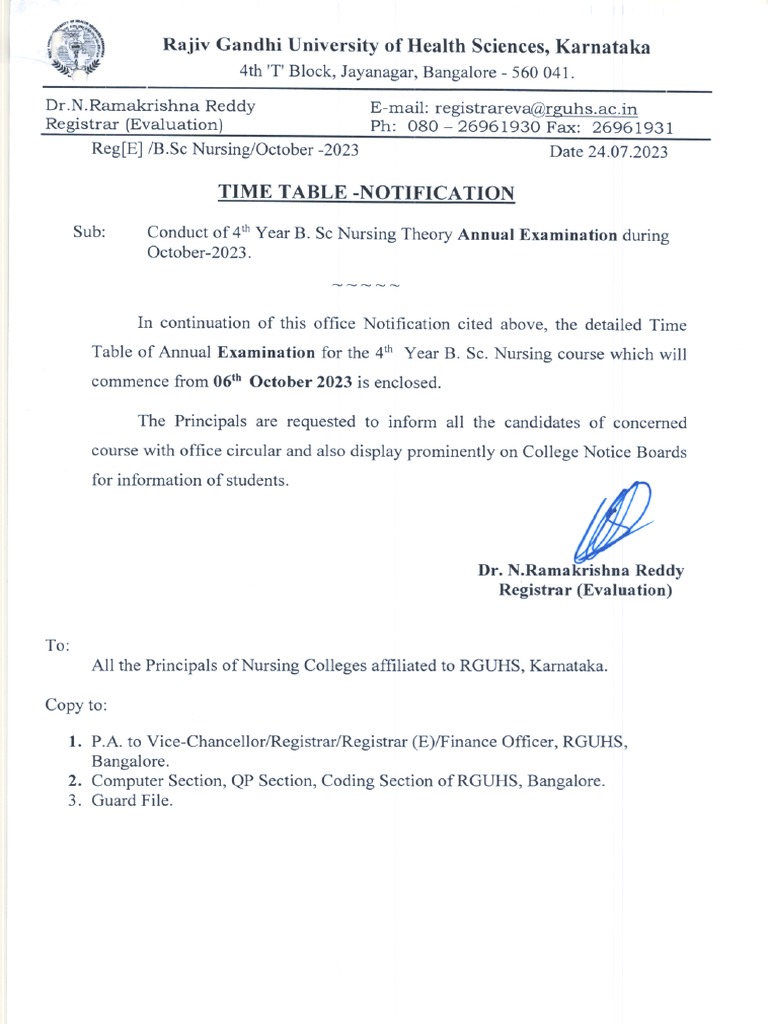 Time Table Notification - Conduct of 4th Year B.SC Nursing Theory Annual Examination During ...