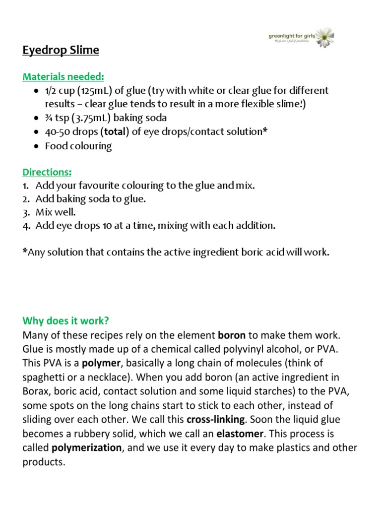 DIY Slime Recipes: Eyedrop, Fluffy, Oobleck | PDF | Corn Starch | Materials