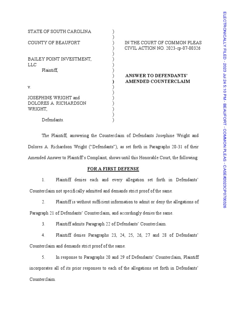 Plaintiff's Response to Counterclaim in SC Case | PDF | Cause Of Action ...