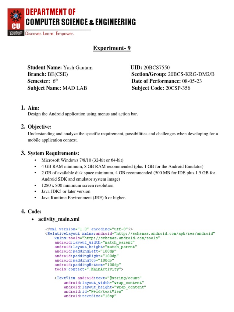 20BCS7550 Yash MAD Lab 9 | PDF | Android (Operating System) | Java (Programming Language)