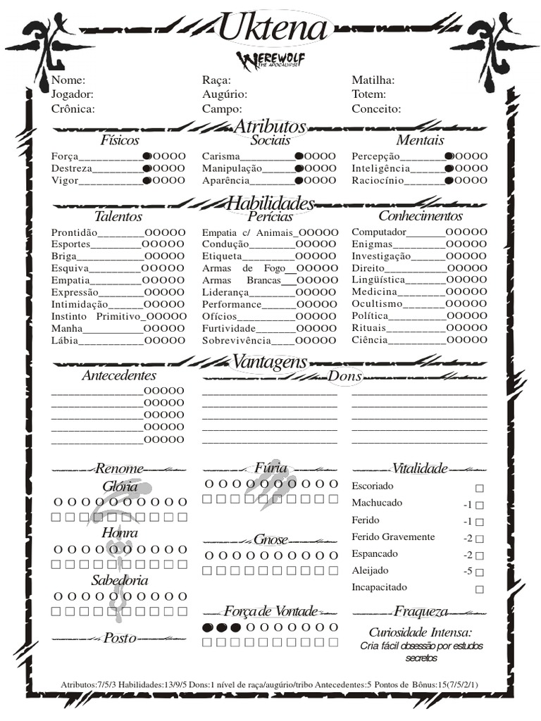 Ficha de Personagem Uktena - Lobisomem RPG | PDF