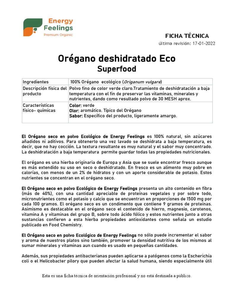 FT Oregano Deshidratado Eco v.22.01.01 Es | PDF | Orégano | Veganismo