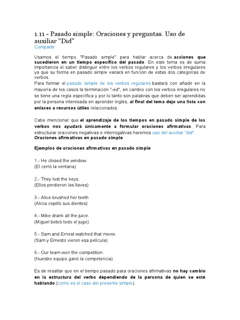 Uso del auxiliar "Did" en pasado simple | PDF
