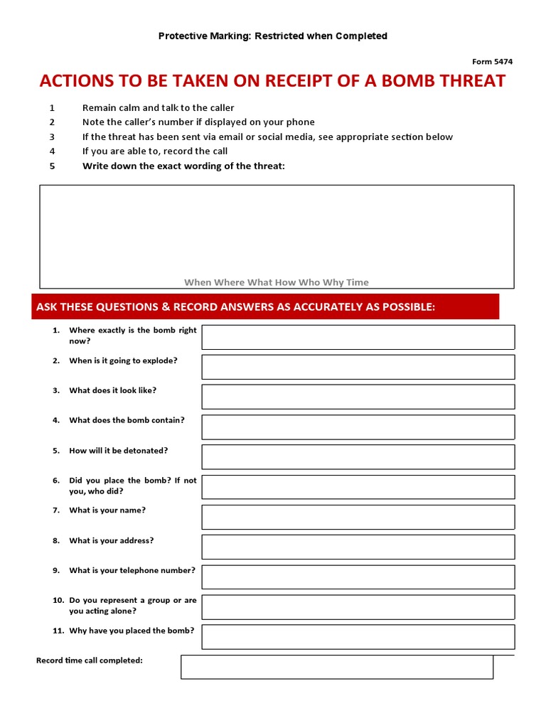 Bomb Threat Actions Checklist | PDF | Telephone | Human Communication