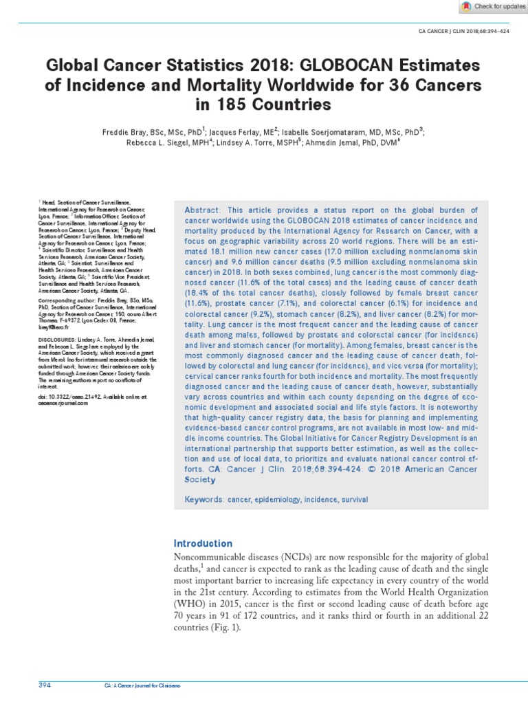 Global Cancer Statistics 2018 Overview | PDF | Cancer | Mortality Rate