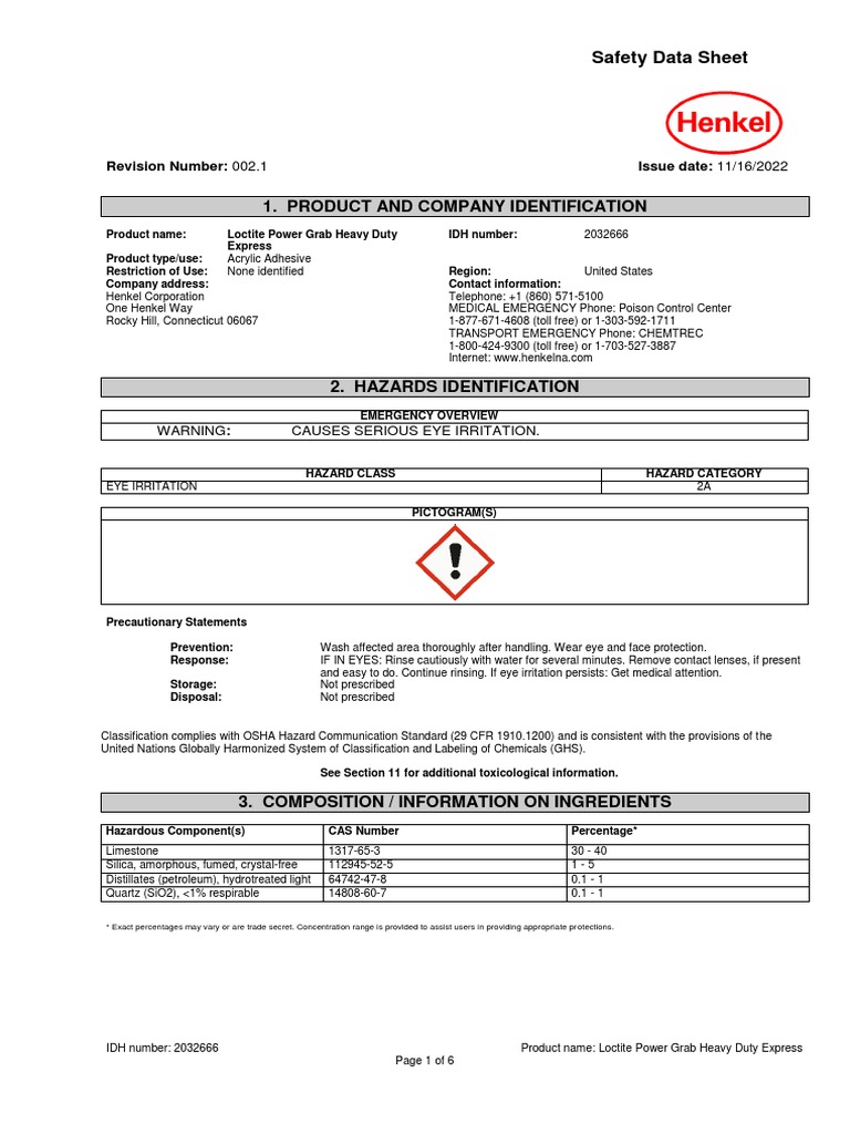 Loctite Power Grab Heavy Duty SDS | PDF | Silicon Dioxide | Chemical ...