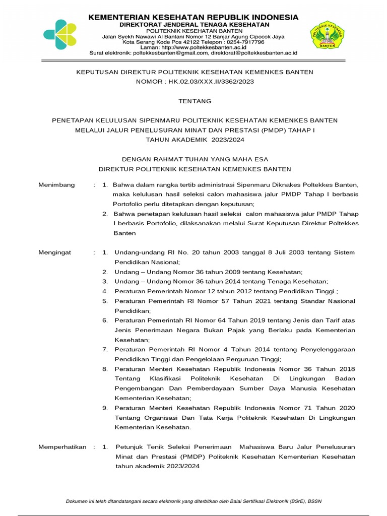 Pengumuman Seleksi Mahasiswa Baru Jalur PMDP Tahap 1 | PDF