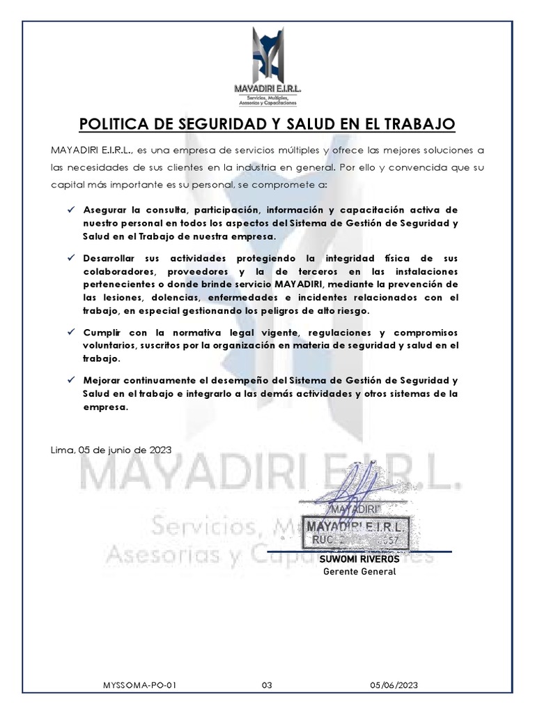 Politica de Seguridad y Salud en El Trabajo | PDF