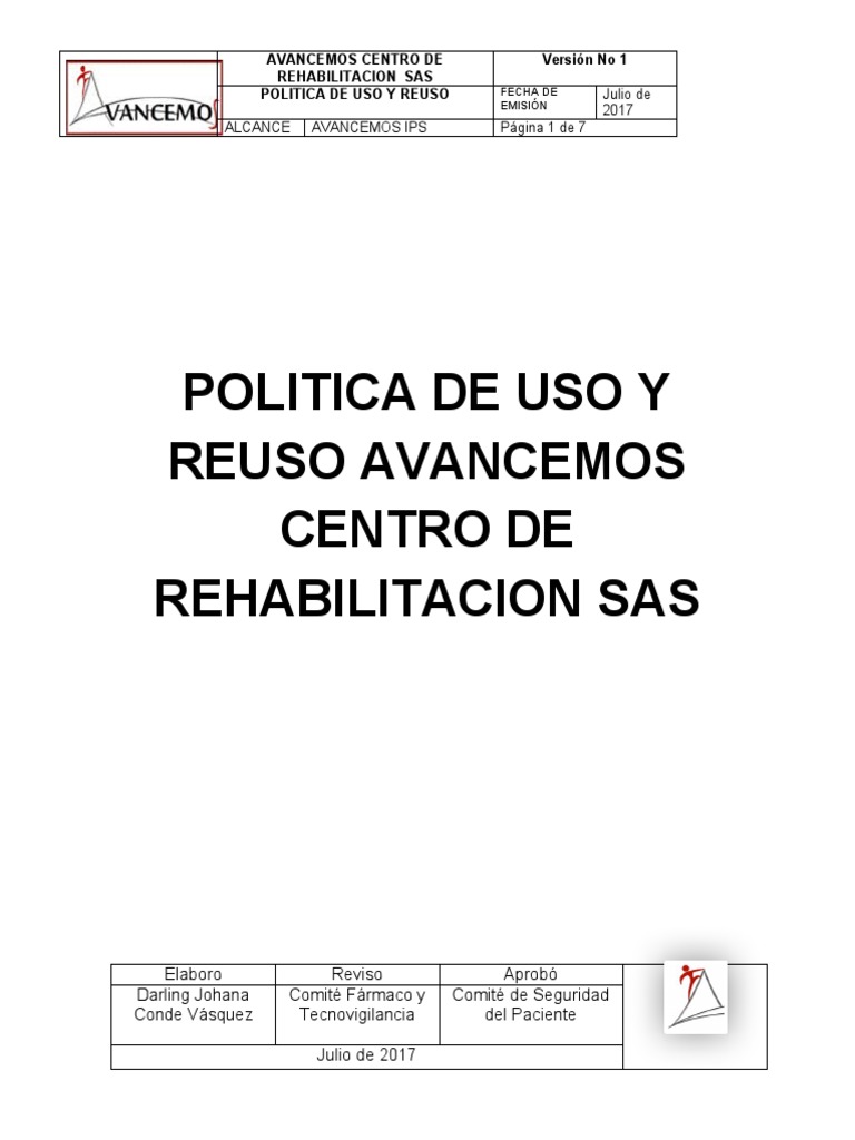 Politica de Uso y Reuso | PDF | Dispositivo médico | Seguridad del paciente