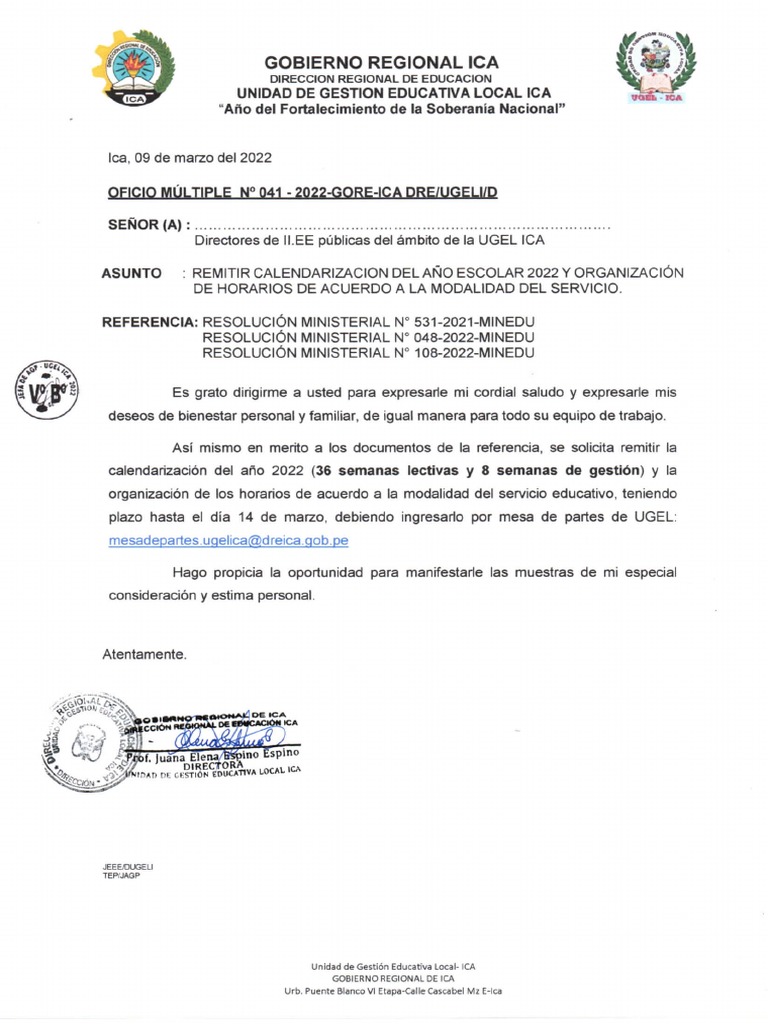 OFICIO MÚLTIPLE #041 Calendarización | PDF