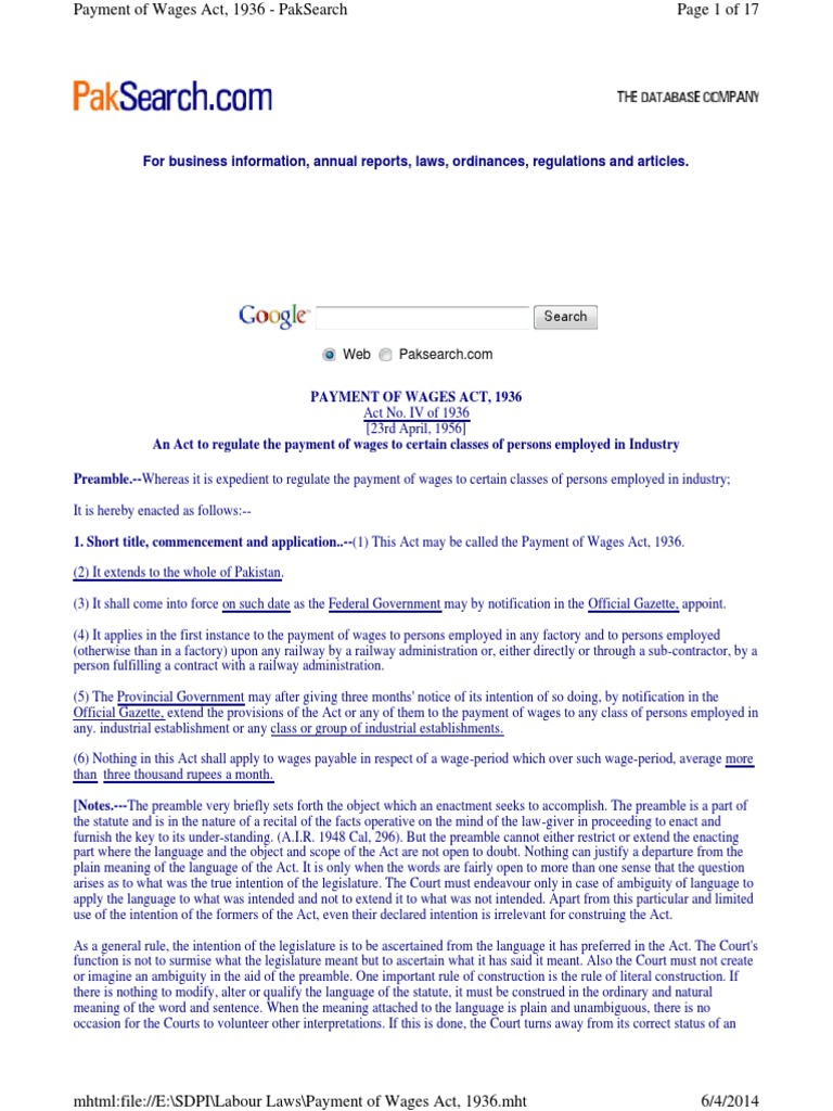Payment Of Wages Act 1936 PDF