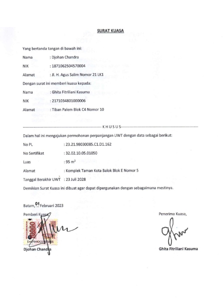Surat Kuasa Perpanjangan UWT TKB E No 5 | PDF