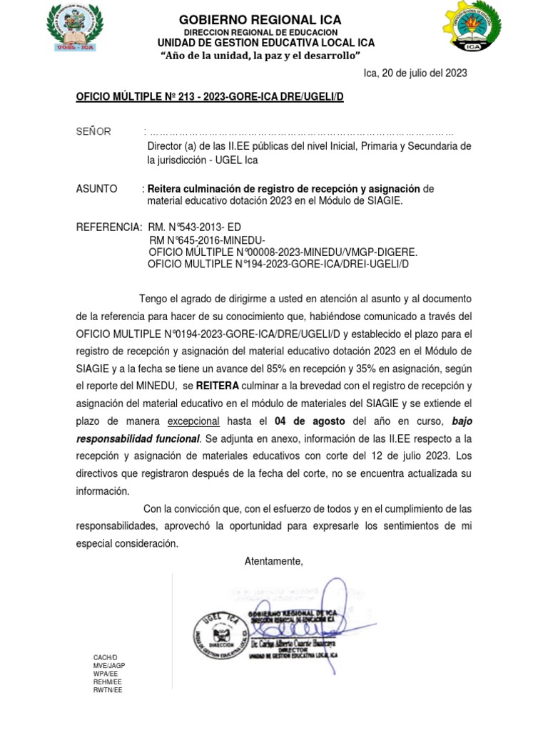 Oficio Multiple 213-2023 Reitera Culminacion de Recepcion y Asignacion de Materiales FINAL 2023 ...