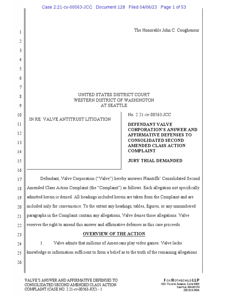 Answer - Wolfire Games v. Valve Corp. (WDWA 2021) | PDF | Complaint | Knowledge