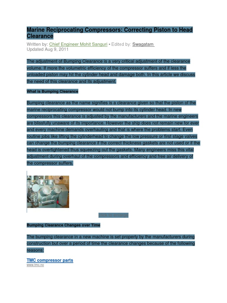 Bumping Clearance in Marine Compressors | PDF | Cylinder (Engine) | Gas ...