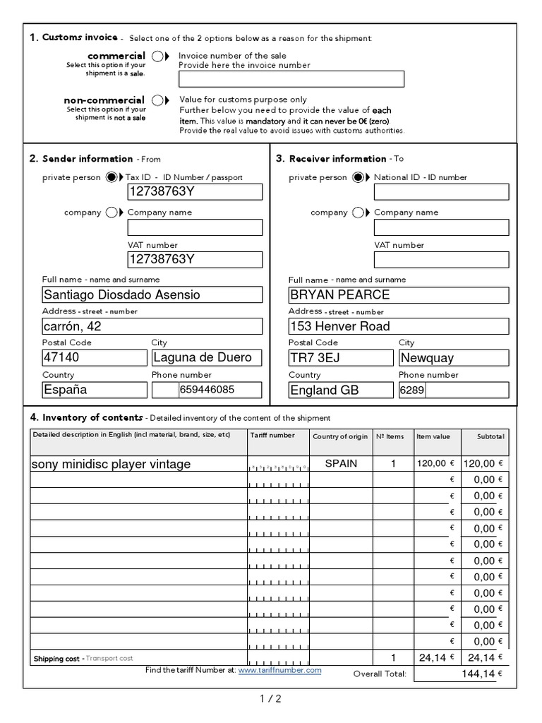 Customs English Editable Shipping Sony Minidisc | PDF | Customs | Invoice