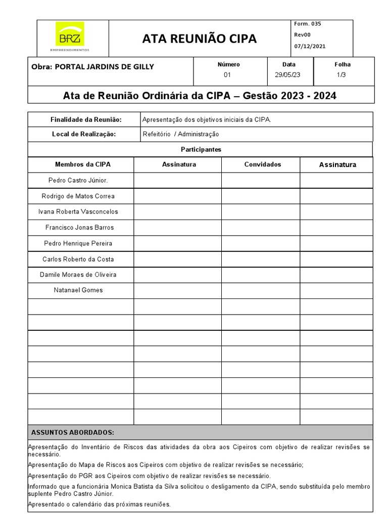 Form. 035 - ATA Reunião CIPA | PDF