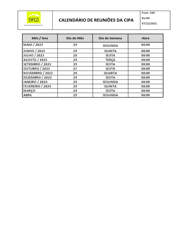 Form. 034 - Calendário de Reuniões Da CIPA | PDF