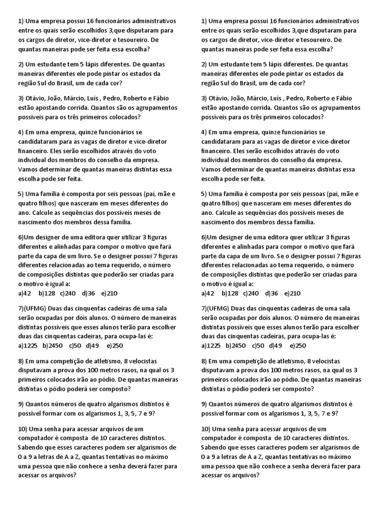 Exercícios Sobre Arranjo | PDF