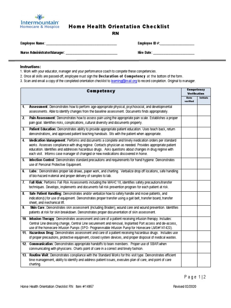 Home Health RN Skills Orientation Checklist | PDF | Intravenous Therapy ...