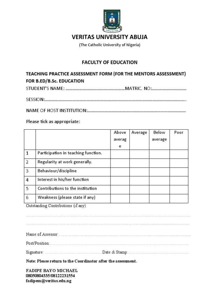 Teaching Practice Assessment Form | PDF
