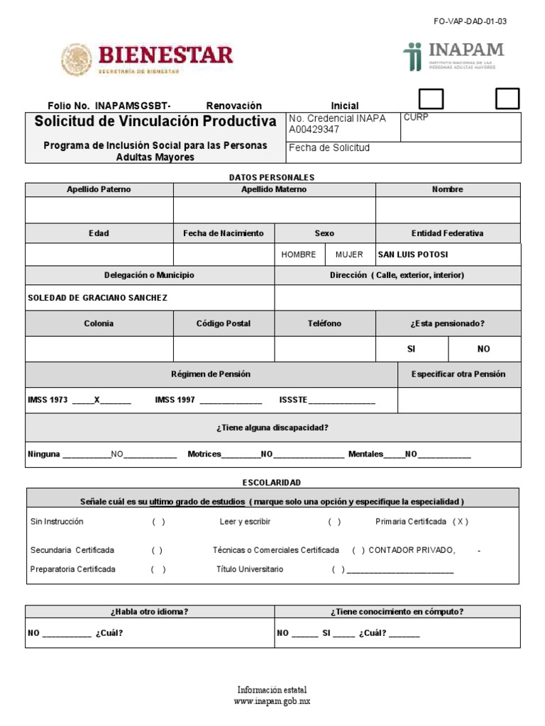 SOLICITUD Vinculación INAPAM | PDF