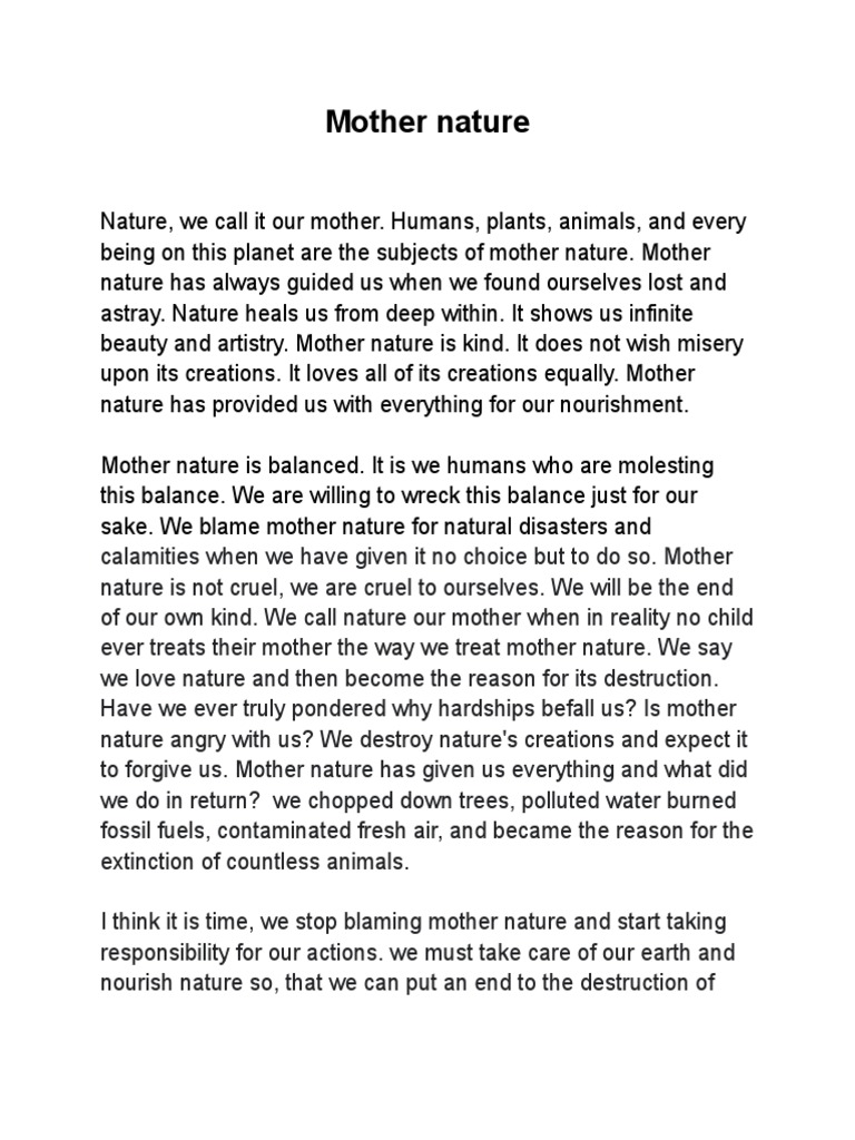 Mother Nature Essay by Anaumta Mamoon | PDF