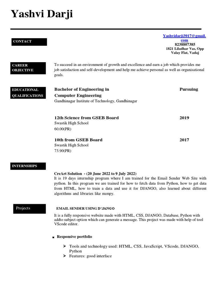 Darji Yashvi New Resume Pdf Python Programming Language Websites