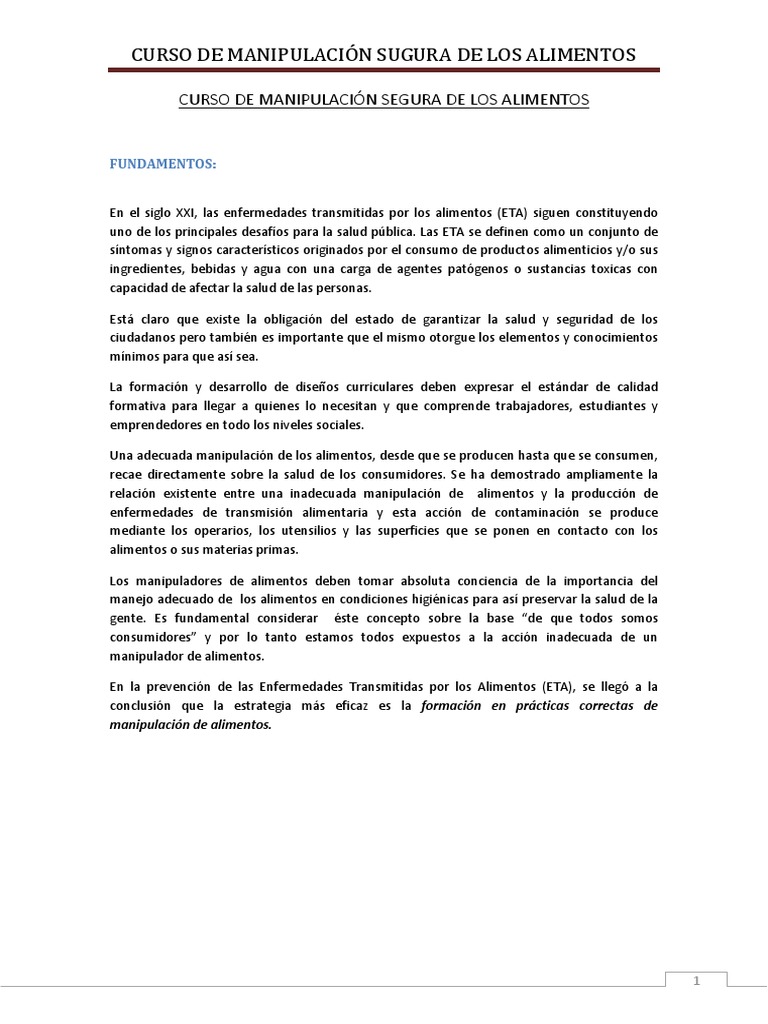 Curso de Manipulacion Segura de Alimentos | PDF | Alimentos | Agua Curso de Manipulacion Segura de Alimentos | PDF | Alimentos | Agua