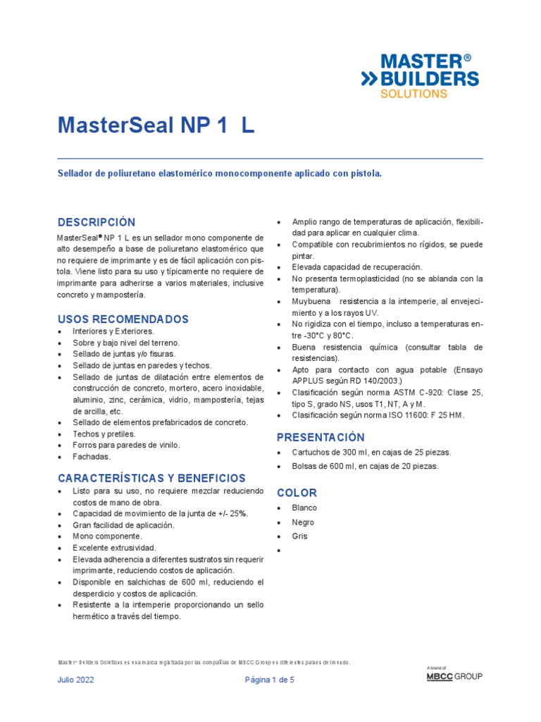 Masterseal NP 1 - Ficha Tecnica | PDF | Hormigón | Materiales