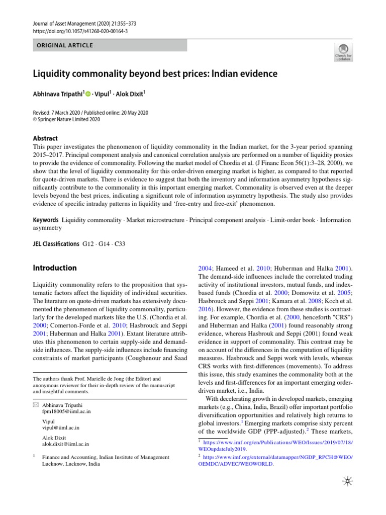 Liquidity Commonality Beyond Best Prices: Indian Evidence: Abhinava Tripathi Vipul Alok Dixit ...