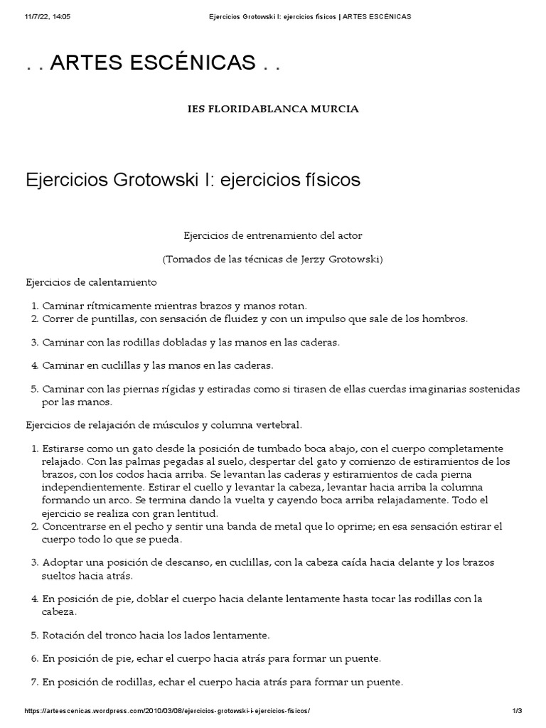 Ejercicios Grotowski I - Ejercicios Físicos - ARTES ESCÉNICAS | PDF | Pie