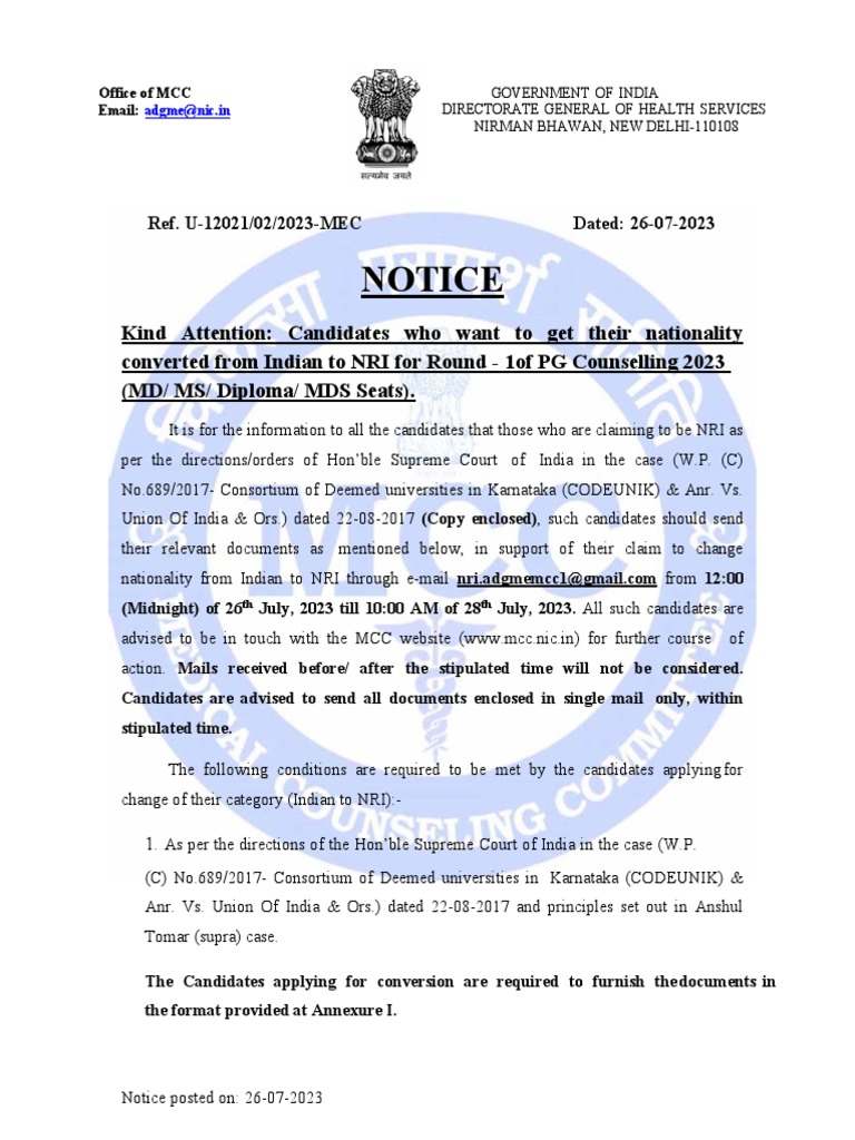 MCC Neet PG NRI Conversion | PDF