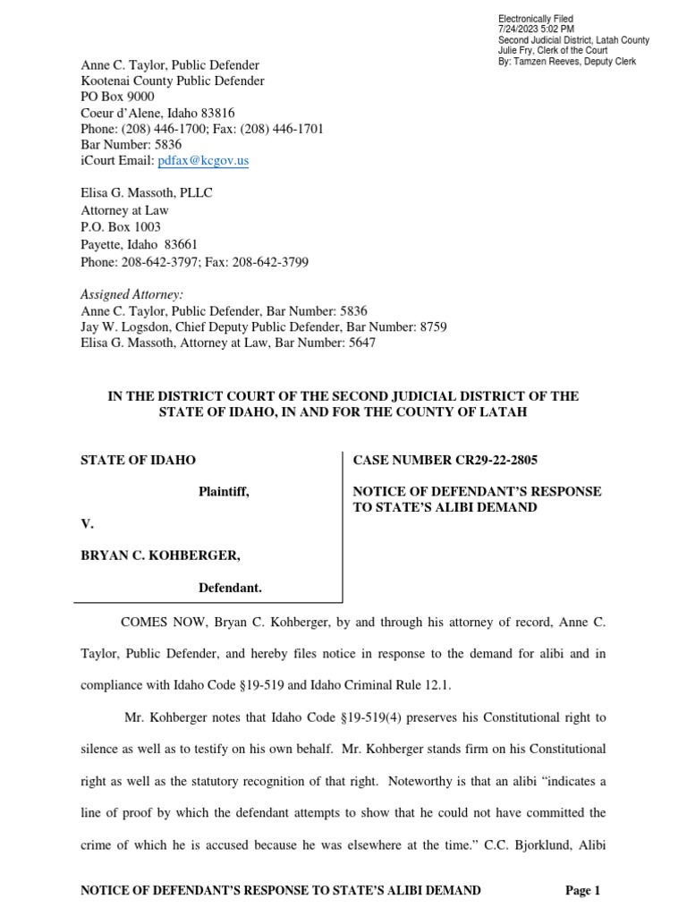 Kohberger's Alibi Response Notice | PDF