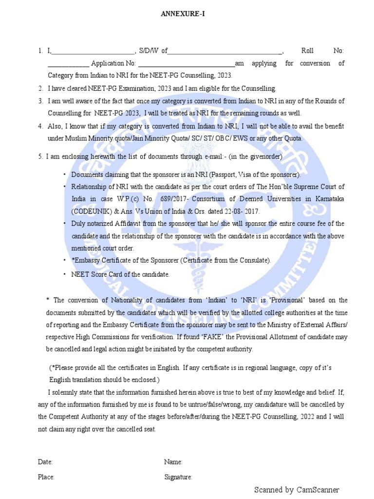 MCC NEET PG NRI Annexure-I 2023 | PDF | Government