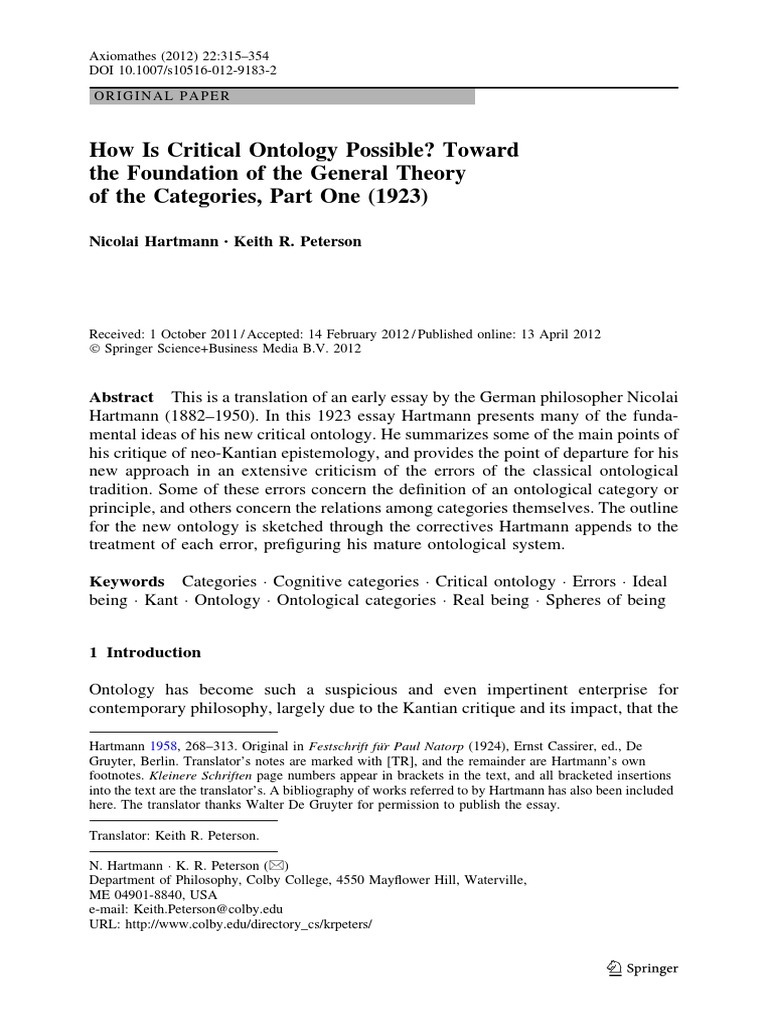 Hartmann, N. - How Is Critical Ontology Possible | PDF | A Priori And A ... Hartmann, N. - How Is Critical Ontology Possible | PDF | A Priori And A ...