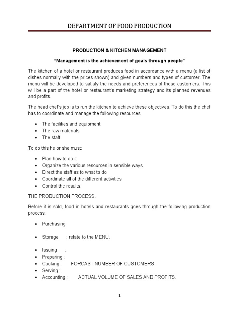 PRODUCTION MANAGEMENT or KITCHEN MANAGEMENT. | PDF | Chef | Forecasting
