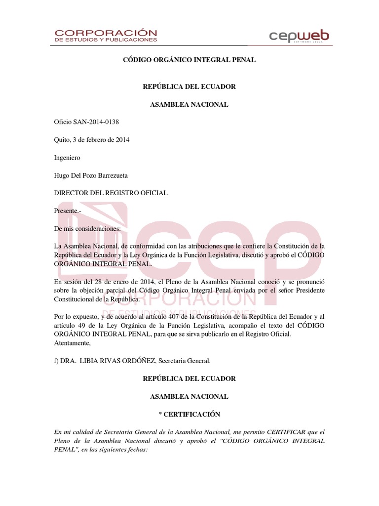 Código Penal Integral de Ecuador | PDF | Derecho penal | Ley procesal