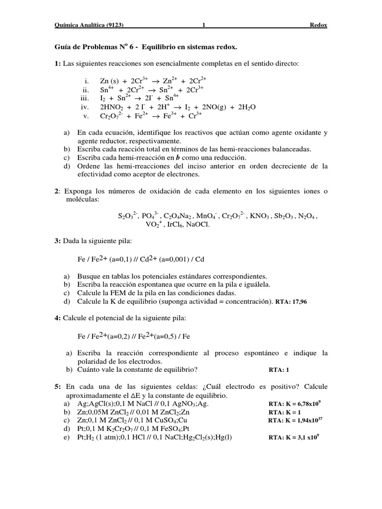 Guia de Problemas - Segunda Parte | PDF | Redox | Valoración