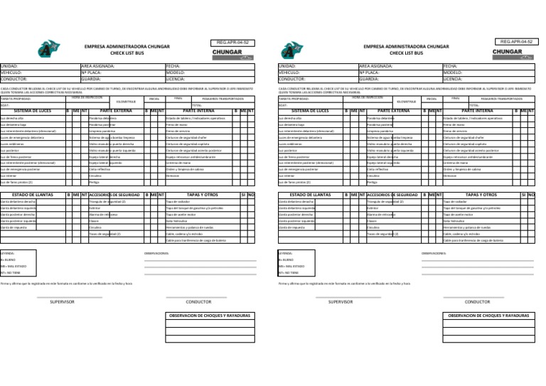 Reg-Apr-glo-04-52 Check List para Bus | Descargar gratis PDF ...