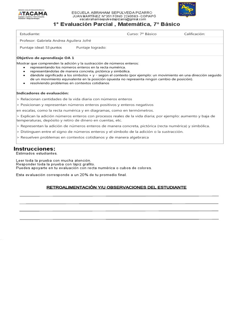Prueba 7° N°1 Oa 1 | PDF | Entero | Evaluación
