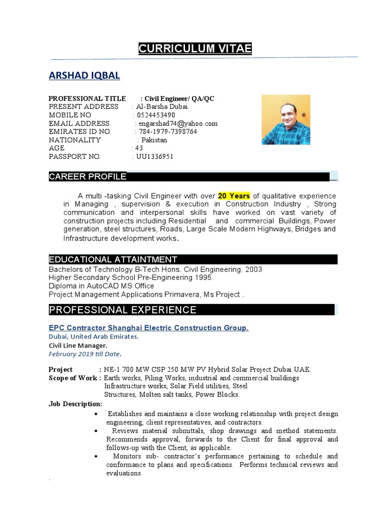 Arshad Iqbal Curriculum | PDF | General Contractor | Engineering