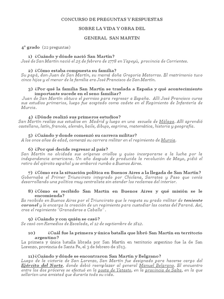Vida y Obra de San Martín: Q&A Escolar | PDF | América del Sur | Militar