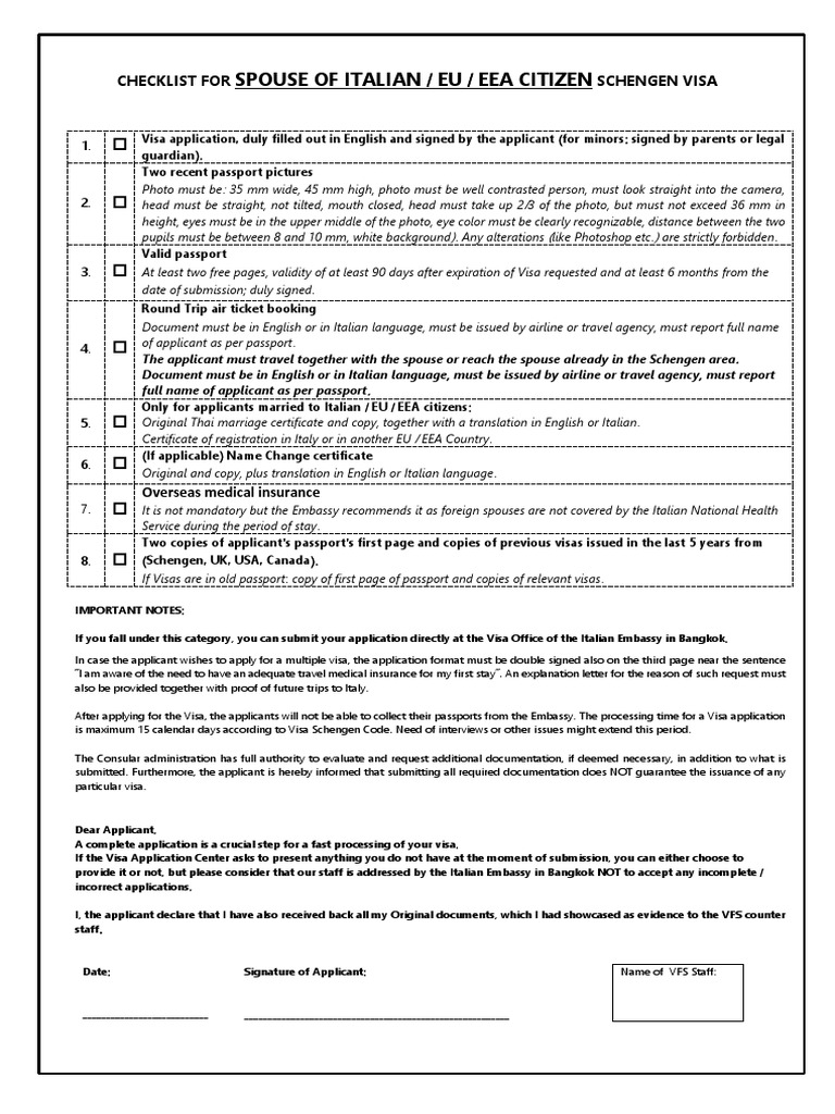 Checklist For Spouse of Italian EU EEA Citizen | PDF | Travel Visa ...