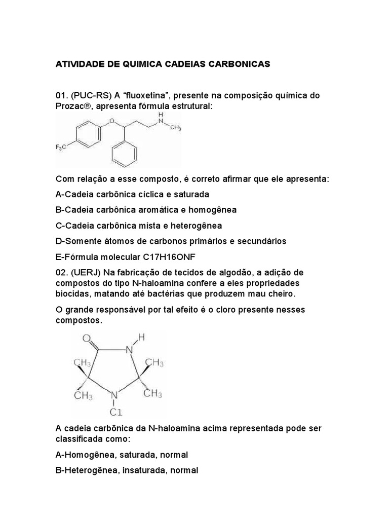 Atividade de Quimica Cadeias Carbonicas | PDF | Química | Carbono
