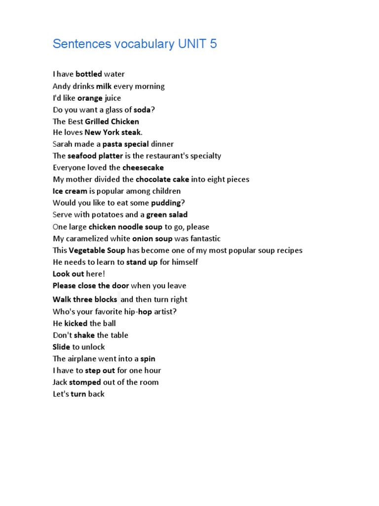 Sentences Vocabulary UNIT 5 | PDF