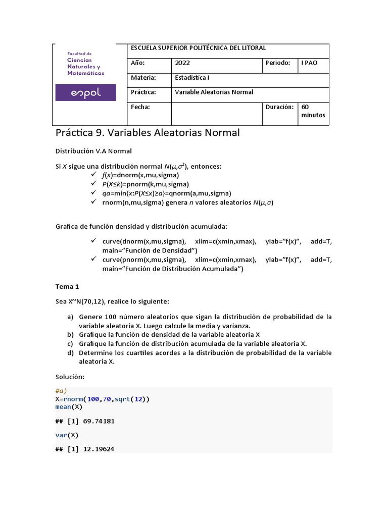 Práctica - Tarea 1 - Seg - Va - Normal | PDF | Distribución normal | Variable aleatoria