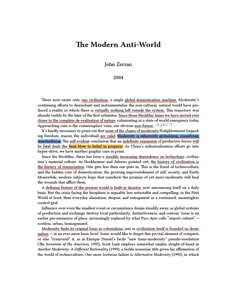 The Anti-Modern World (John Zerzan) | PDF | Postmodernism | Deconstruction