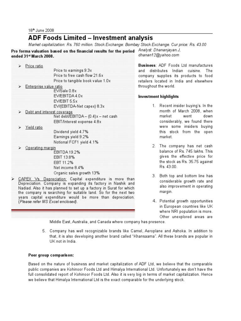 ADF Foods Ltd: Investment Analysis 2008 | PDF | Earnings Before ...
